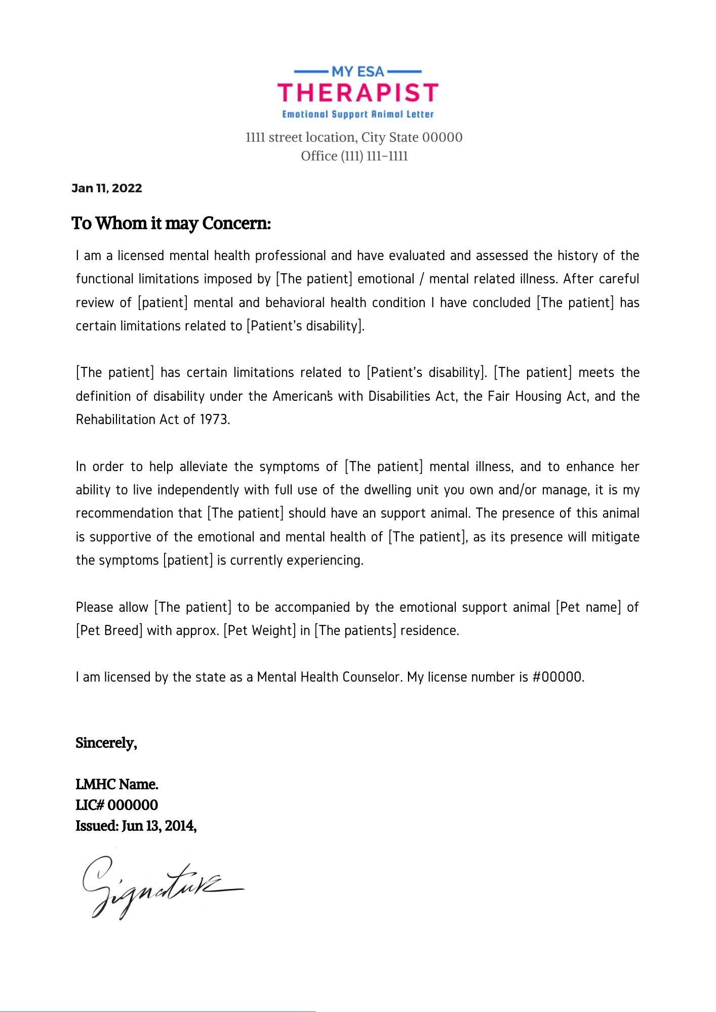 Emotional Support Animal ESA Letter For Housing Services